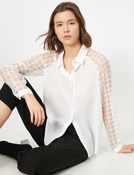 Koton Kadın Kare Desenli Tül Kol Detaylı Uzun Kollu Gömlek