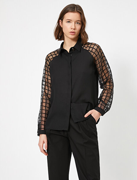 Koton Kadın Kare Desenli Tül Kol Detaylı Uzun Kollu Gömlek