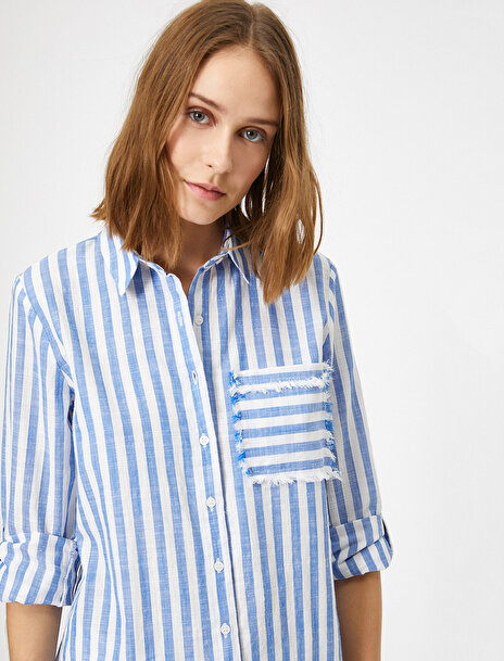 Koton Kadın Cepli Çizgi Desenli Uzun Kollu Gömlek