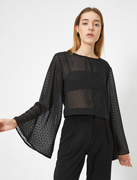 Koton Kadın Bisiklet Yaka Uzun Kollu Vual Crop Bluz