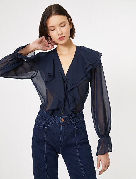 Koton Kadın V Yaka Düğme Detaylı Fırfırlı Tül Uzun Kollu Bluz