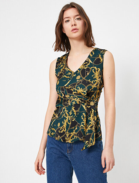 Koton Kadın V Yaka Şal Desenli Bağlamalı Kolsuz Bluz