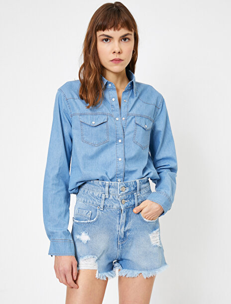 Koton Kadın Jean Denim Cepli Gömlek Koton Kadın Jean Denim Cepli Gömlek