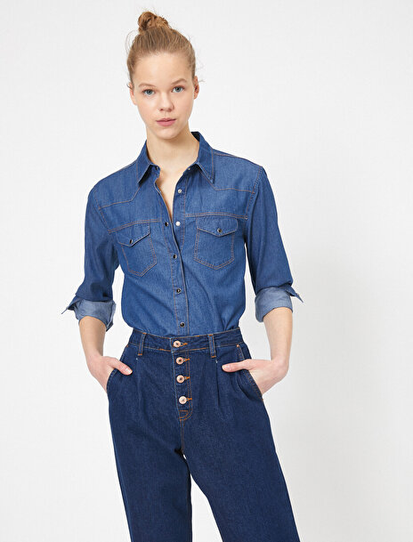 Koton Kadın Cep Detaylı Uzun Kollu Jean Gömlek Koton Kadın Cep Detaylı Uzun Kollu Jean Gömlek