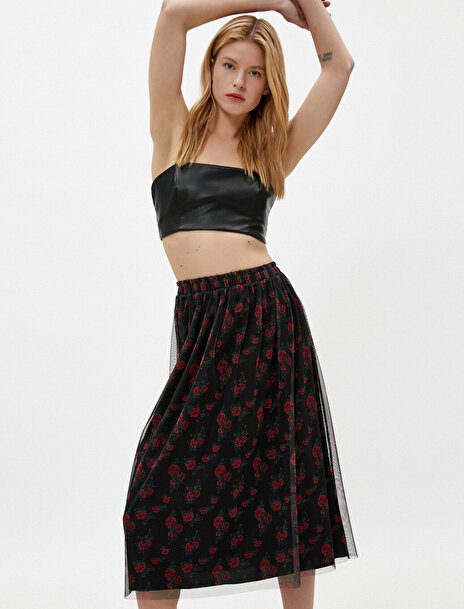 Koton Kadın Çiçek Desenli Tül Detaylı Midi Boy Etek