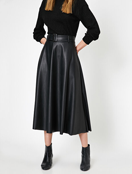 Koton Kadın Kemer Detaylı Deri Görünümlü Midi Boy Etek Koton Kadın Kemer Detaylı Deri Görünümlü Midi Boy Etek