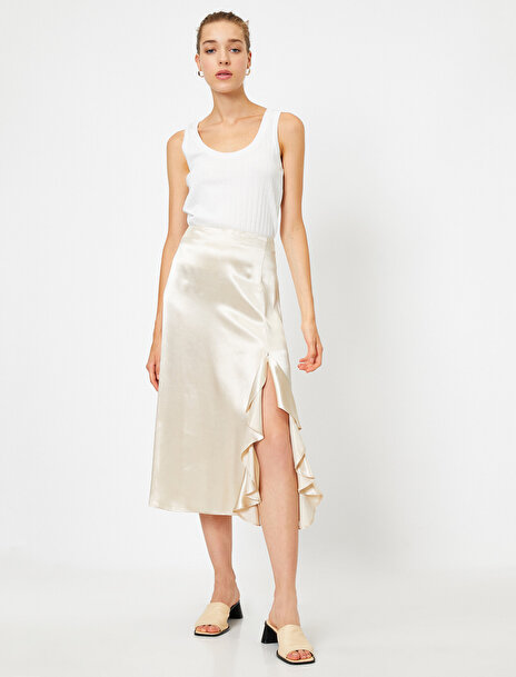 Koton Kadın Volanlı Yüksek Bel Yırtmaçlı Midi Etek Koton Kadın Volanlı Yüksek Bel Yırtmaçlı Midi Etek