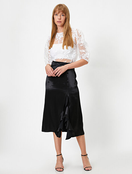 Koton Kadın Volanlı Yüksek Bel Yırtmaçlı Midi Etek Koton Kadın Volanlı Yüksek Bel Yırtmaçlı Midi Etek