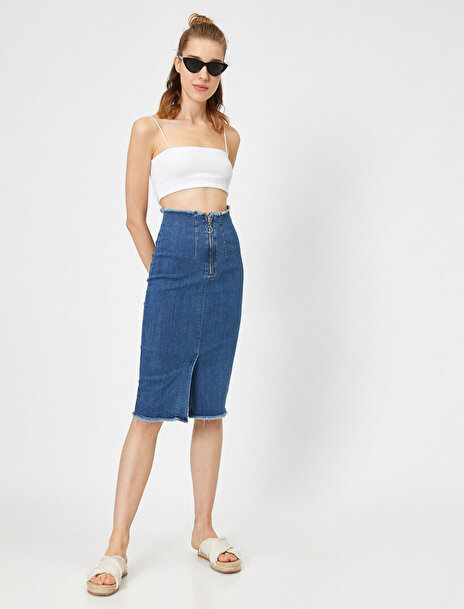 Koton Kadın Yüksek Bel Fermuarlı Yırtmaç Detaylı Midi Jean Etek