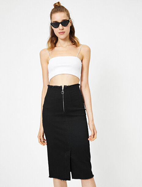 Koton Kadın Fermuar Detaylı Yırtmaçlı Midi Etek