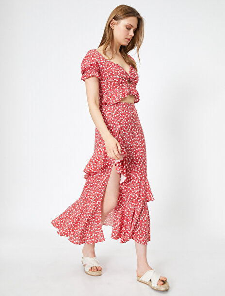 Koton Kadın Yırtmaç Detaylı Desenli Fırfır Detaylı Midi Etek Koton Kadın Yırtmaç Detaylı Desenli Fırfır Detaylı Midi Etek