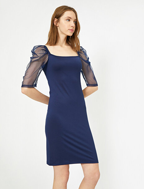 Koton Kadın Kare Yaka Tül Kol Detaylı Midi Boy Elbise