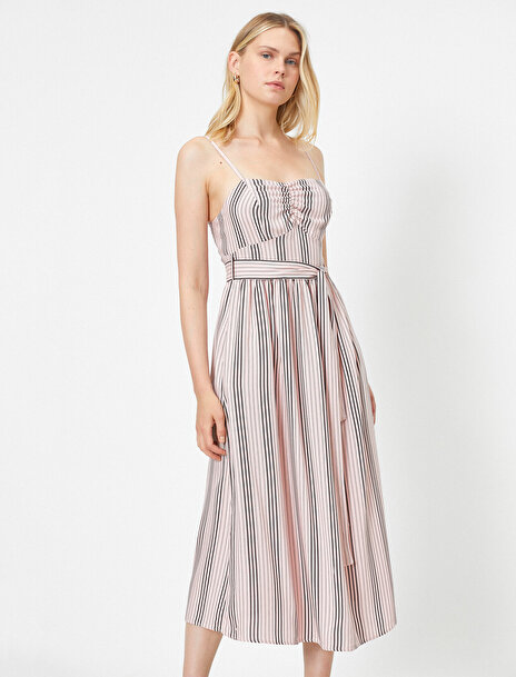 Koton Kadın V Yaka Çizgi Baskılı Askılı Uzun Elbise