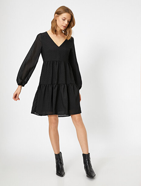 Koton Kadın Puantiyeli V Yaka Şifon Uzun Kollu Katlı Elbise