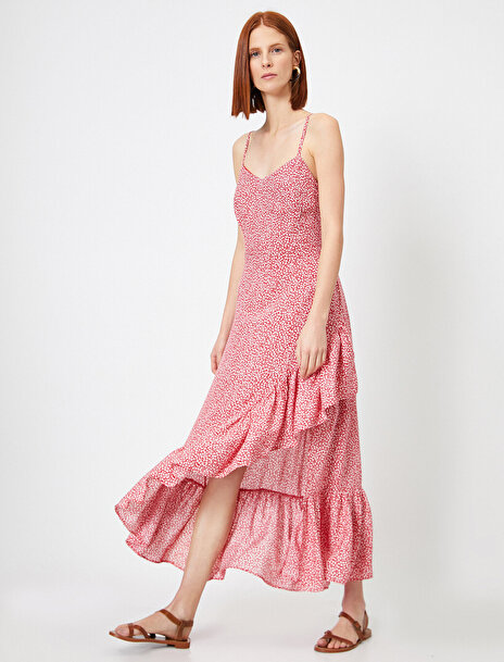 Koton Kadın V Yaka Sırt Detaylı Fırfırlı Askılı Uzun Elbise