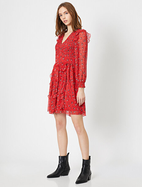 Koton Kadın V Yaka Çiçek Desenli Fırfır Detaylı Mini Elbise