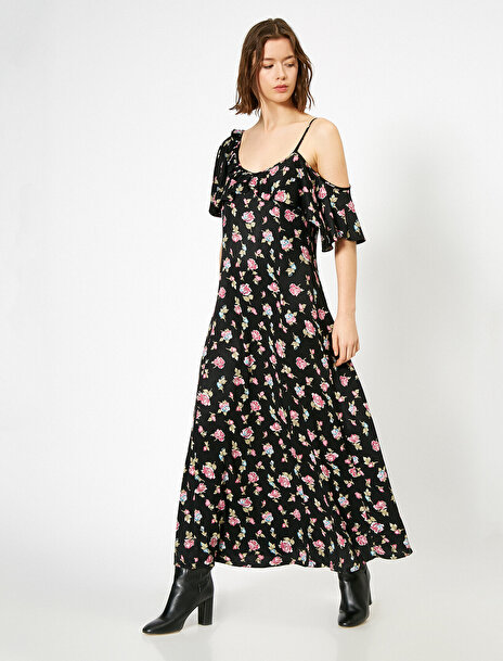 Koton Kadın Çiçek Desenli Desenli Fırfırlı Asimetrik Uzun Elbise