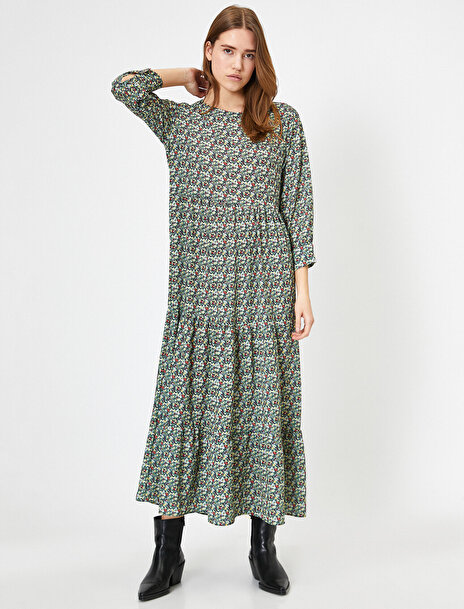 Koton Kadın Bisiklet Yaka Çiçek Desenli Uzun Elbise