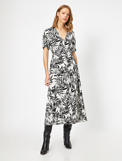 Koton Kadın V Yaka Çiçek Desenli Bağlamalı Uzun Elbise