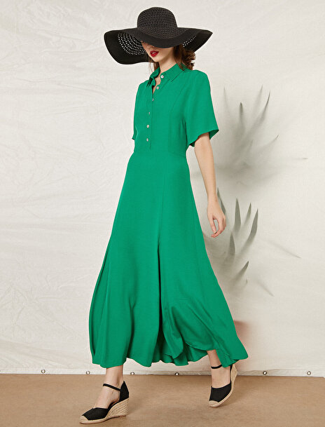 Koton Kadın Gömlek Yaka Düğme Detaylı Kısa Kollu Uzun Elbise