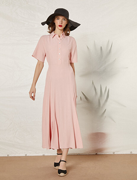 Koton Kadın Gömlek Yaka Düğme Detaylı Kısa Kollu Uzun Elbise