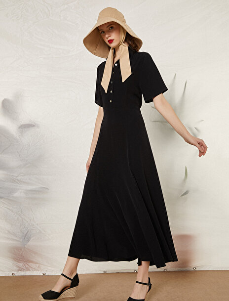 Koton Kadın Gömlek Yaka Düğme Detaylı Kısa Kollu Uzun Elbise