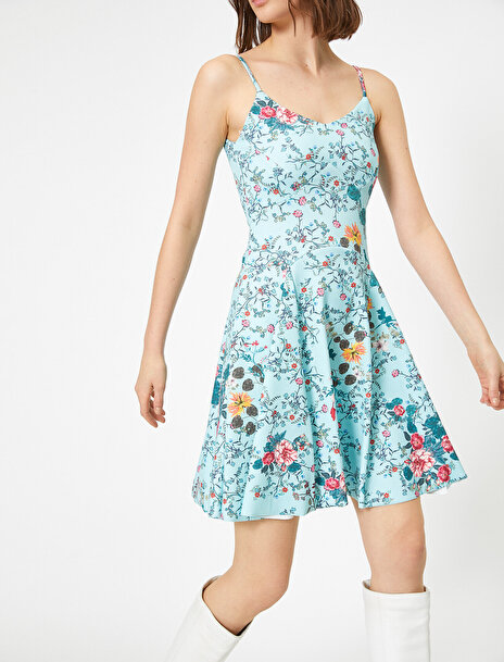 Koton Kadın V Yaka Çiçek Desenli Askılı Mini Elbise