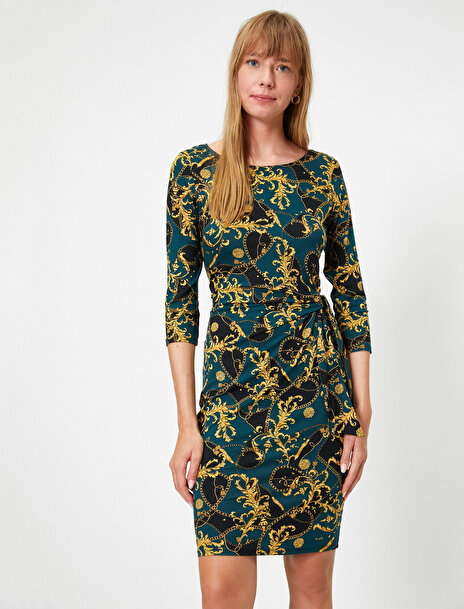 Koton Kadın Bisiklet Yaka 3/4 Kol Şal Desenli Midi Elbise