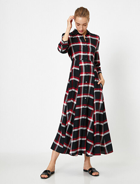 Koton Kadın Gömlek Yaka Kareli Uzun Kollu Elbise