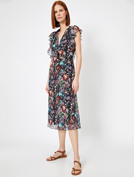 Koton Kadın Çiçek Desenli Volanlı Dizaltı Elbise