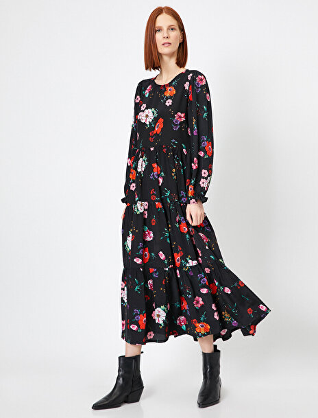 Koton Kadın Bisiklet Yaka Çiçek Desenli Pileli Uzun Elbise