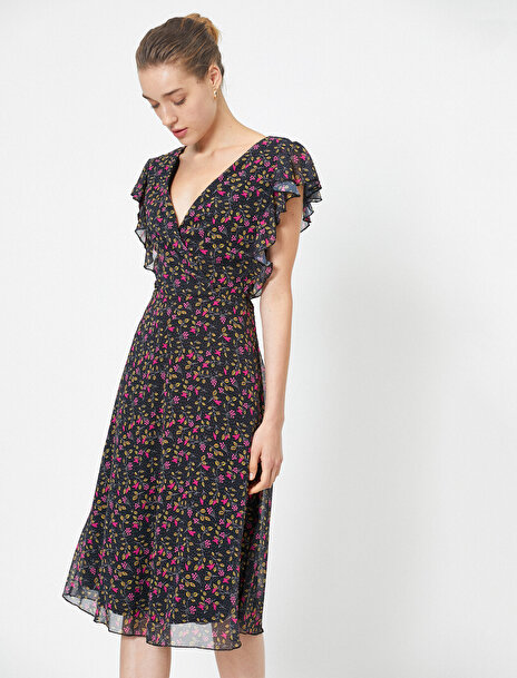 Koton Kadın Çiçek Desenli Volanlı Dizaltı Elbise