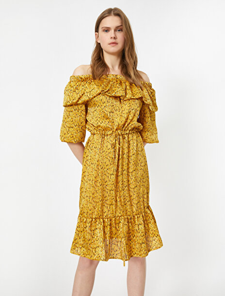 Koton Kadın Omzu Açık Desenli Beli Bağlamalı Midi Elbise Koton Kadın Omzu Açık Desenli Beli Bağlamalı Midi Elbise