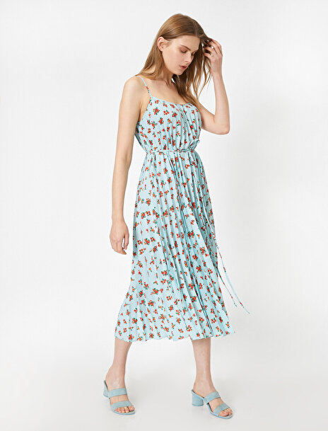 Koton Kadın Çiçek Desenli Askılı Kolsuz Pilili Midi Elbse Koton Kadın Çiçek Desenli Askılı Kolsuz Pilili Midi Elbse