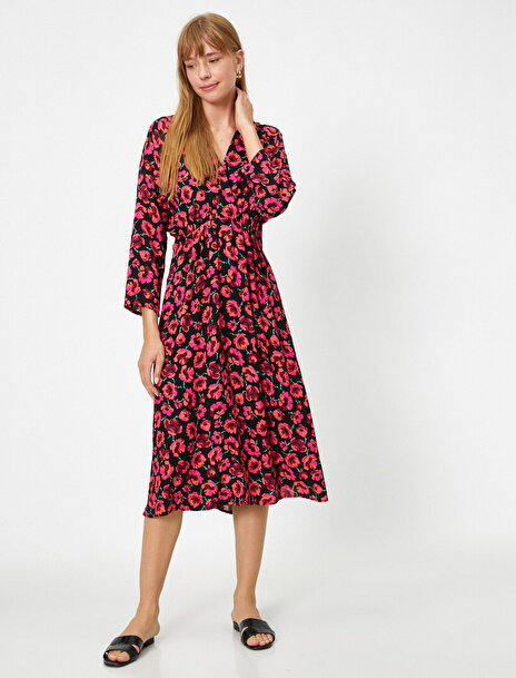 Koton Kadın V Yaka Uzun Kollu Çiçekli Midi Elbise