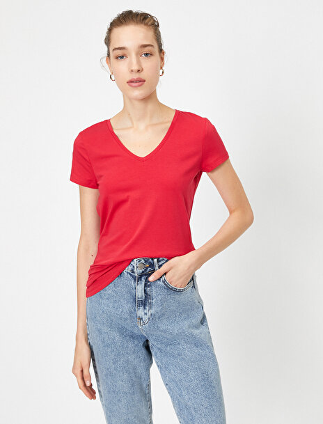 Koton Kadın Standart Kesim V Yaka Basic Tişört