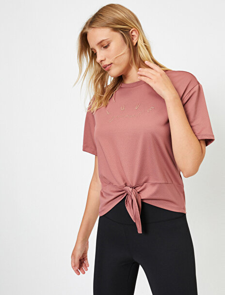 Koton Kadın Bisiklet Yaka Kısa Kollu Bağlamalı T-Shirt