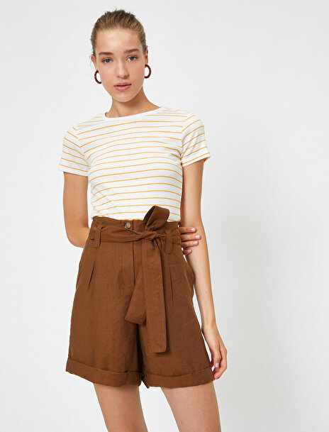 Koton Kadın Bisiklet Yaka Dar Kesim Çizgili Tişört