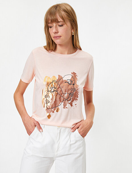 Koton Kadın Parlak Baskılı Bisiklet Yaka Kısa Kollu Tişört