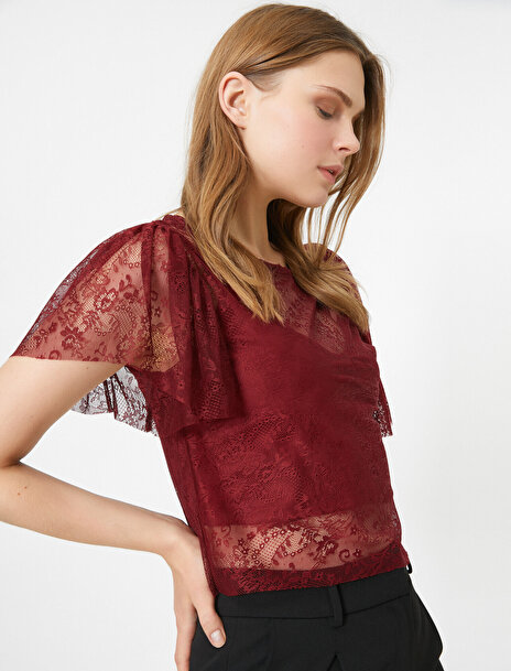 Koton Kadın Dantel Detaylı Bisiklet Yaka Kısa Kollu Tişört