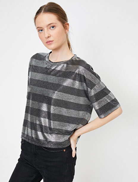 Koton Kadın Parlak Çizgili Kısa Kollu Tişört