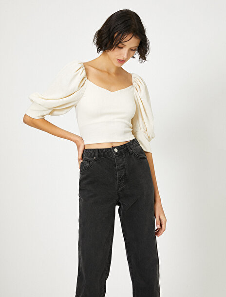 Koton Kadın Balon Kollu V Yaka Kısa Kollu Bluz