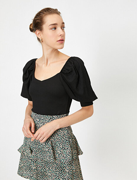 Koton Kadın Balon Kollu V Yaka Kısa Kollu Bluz