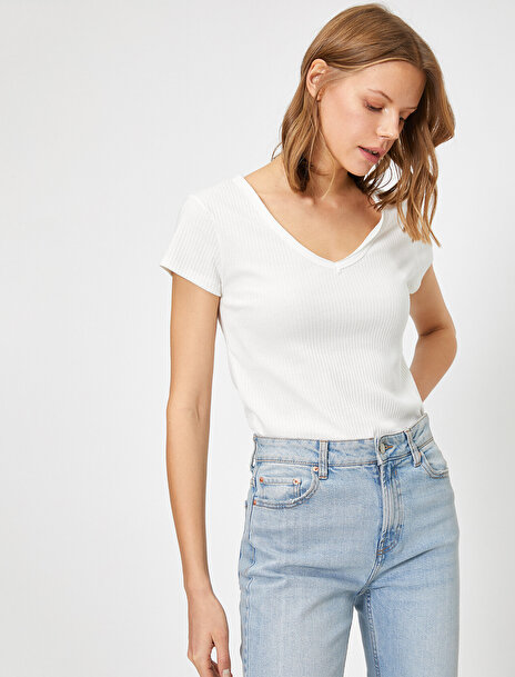 Koton Kadın V Yaka Ribana Tişört