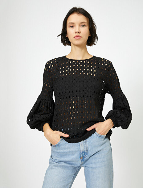 Koton Kadın Bisiklet Yaka Dantel Uzun Kollu Bluz