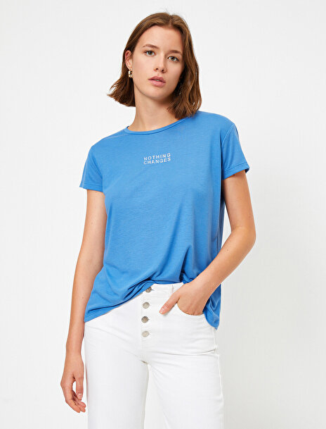 Koton Kadın Bisiklet Yaka Yazılı Baskılı Kısa Kollu Tişört