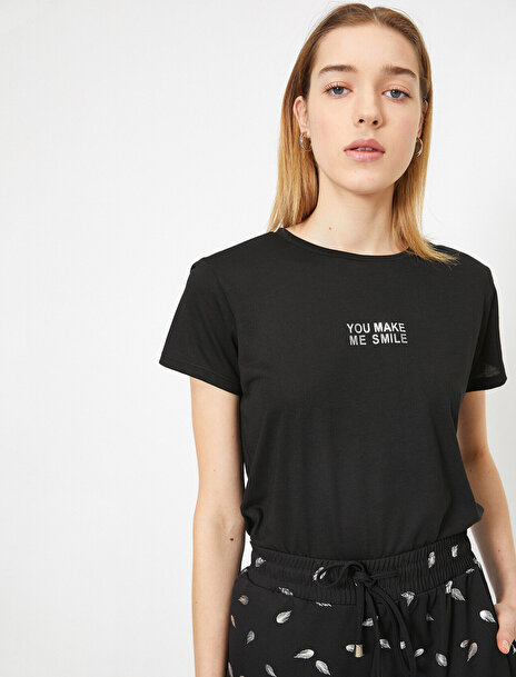 Koton Kadın Yazı Baskılı Bisiklet Yaka Tişört