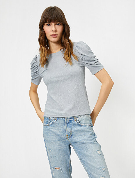 Koton Kadın Balon Kollu Simli Parlak Kumaşlı Tişört