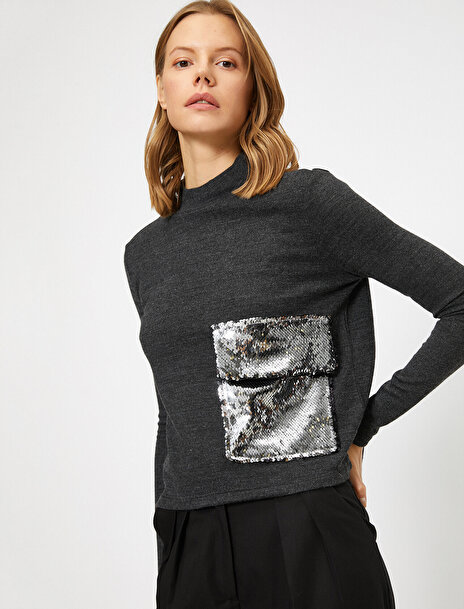 Koton Kadın Pul Payet Detaylı Dik Yaka Kazak