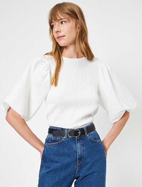 Koton Kadın Kontrast Kol Detaylı Bisiklet Yaka Bluz Koton Kadın Kontrast Kol Detaylı Bisiklet Yaka Bluz